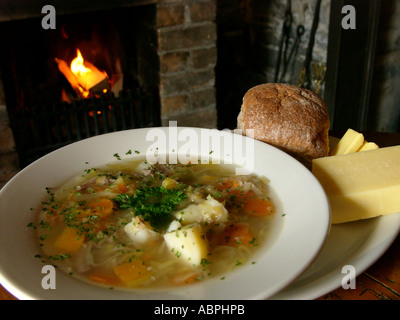 A Bowl of welsh Cawl (lamb and vegetable stew) with bread and cheese ...