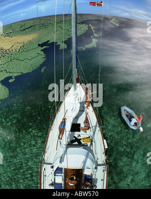 view from above on conceptual cut beautiful fake fruits with knife and ...