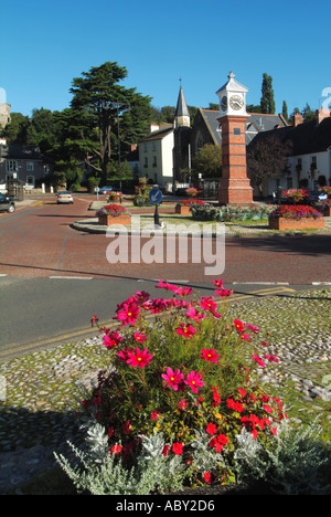 Usk Twyn Square in summer with flowers in bloom,clock tower, pubs on ...