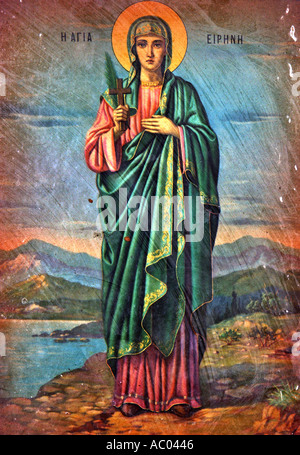 Saint Eirini Irene holding wooden cross old church Crete Krete island ...