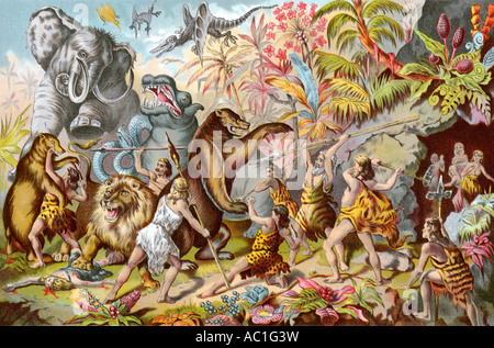 European cavemen hunting a mammoth, historic engraving of 1883 Stock ...