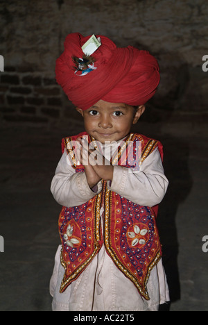 Indian Rajasthani boy wearing turban face portrait ; Jaipur ; Rajasthan ...