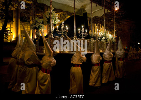 Illuminated float passing down Gran Via at night during Palm Sunday ...