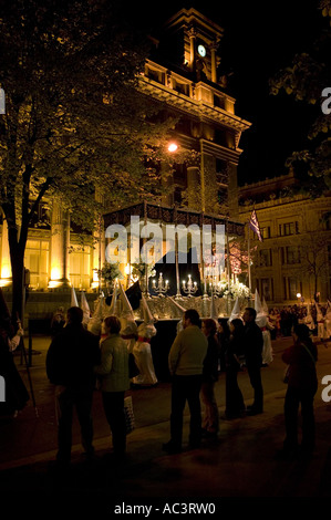 Illuminated float passing down Gran Via at night during Palm Sunday ...