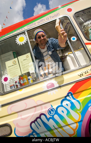 Mr Hippy Whippy man selling frozen yoghurt from his ice cream van on ...
