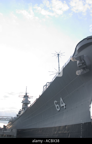A bow view of the battleship USS WISCONSIN (BB-64) leading the ...