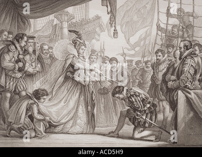Queen Elizabeth knighting Sir Francis Drake on board the Golden Hind at ...