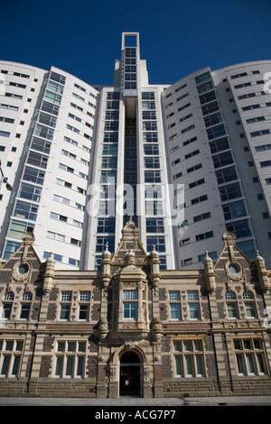 Altolusso tower Cardiff Wales UK, facade of the New College tall high ...