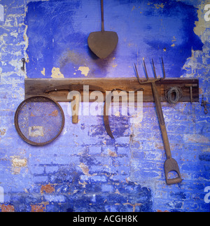 Collection of vintage tools on a blue wooden background Stock Photo - Alamy