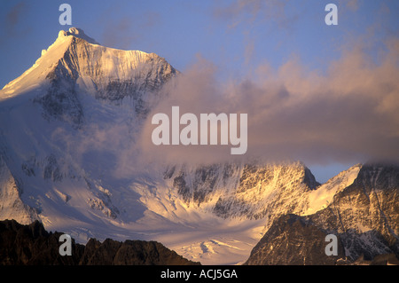 South Georgia Island Sunrise lights peaks of glacier covered peaks of ...