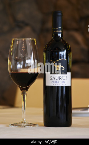 Bottle and glass of Saurus Patagonia Merlot Bodega Familia Schroeder ...