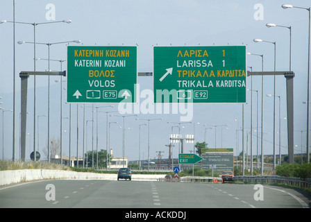 Greek green road gantry route direction signs to Katerini Larissa Volos ...
