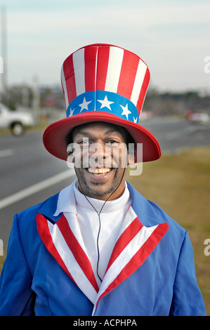 Senior Man dressed as uncle Sam for a tax business to attract customers ...
