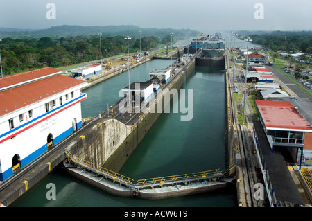The Panama Canal lock system with lock gates closed and ship entering a ...