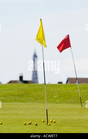 Some yellow golf balls at the hole in a training Stock Photo - Alamy
