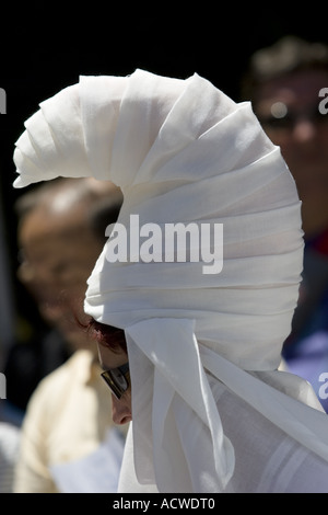Woman wearing horn shaped traditional Basque burukoa headdress, Butron ...