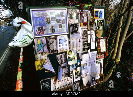 Bust of Marc Bolan at the site of his 1977 death in a car crash, with ...