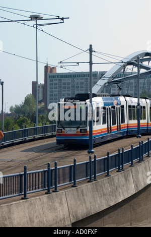 Sheffield Supertram passing over Commercial Street Bridge Stock Photo ...