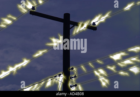 abstract image of electrical wires sparkling and pole at night Stock ...