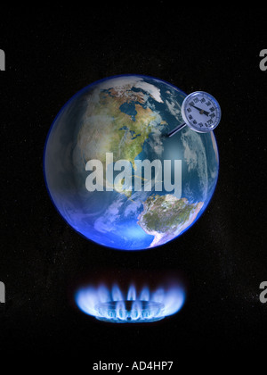 The planet earth being heated over a gas burner illustrating the ...