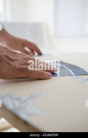 Comparing color samples to wallpaper Stock Photo - Alamy