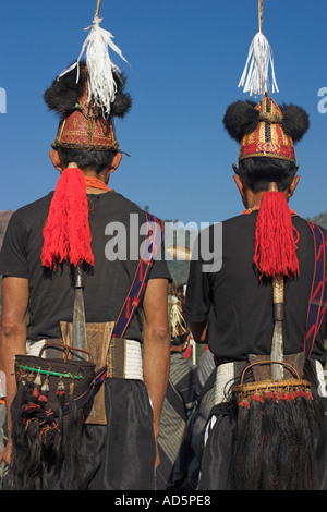 MYANMAR BURMA Naga men wearing headdress decorated with wild boar teeth ...