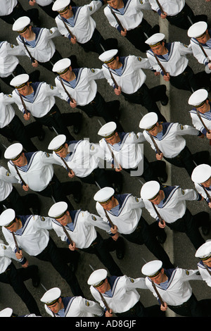Guardsmen march in step at military parade column Officer Cadets ...