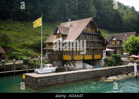 View over Lake Lucerne to tavern Haus zur Treib Treib Canton ot Uri ...