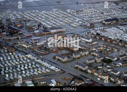 Houses and caravans in the flooded town of Towyn in North Wales United ...
