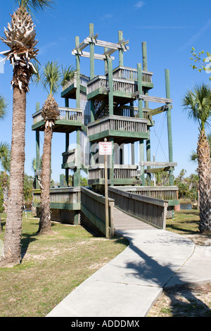 A high wooden observation tower over the lake in Blachownia Czestochowa ...