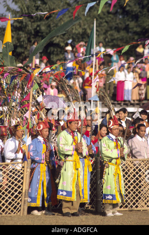A tribal costume at Manau Dance, traditional ceremony of Kachin people ...