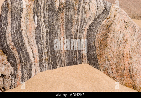 Gneiss metamorphic rock mineral banding, Mangurstadh, Lewis, Outer ...