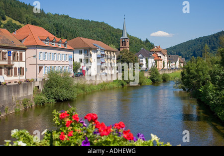 Kinzig river and waterfront houses Wolfach Ortenau Black Forest Baden ...