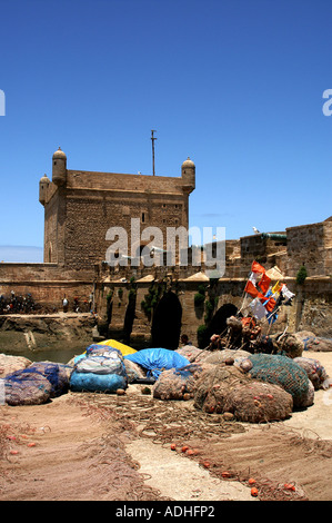 Fishing gear by Turret Sqala du Port on ramparts by port of Essaouira ...
