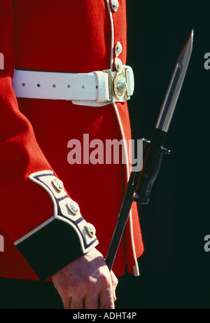British Royal Guardsman standing guard at a small sentry box on a ...