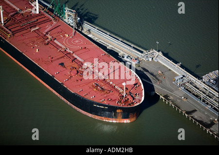 An aerial view of an Oil Tanker unloading at Teesside refinery ...