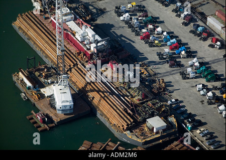 Aerial view of lorries and trucks parked in a layby. A31, New Forest ...