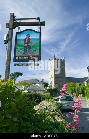 Tinners Arms Pub Sign and Village Church at Zennor near St Ives ...