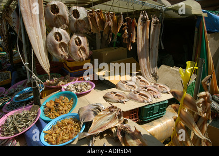 Dried fish and stingrays for sale at a seafood market near Yeongjongdo ...