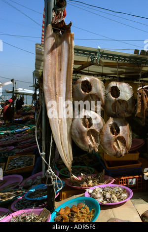 Dried fish and stingrays for sale at a seafood market near Yeongjongdo ...