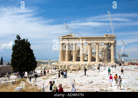 Construction cranes and restoration work at the parthenon on the Acropolis in Athens Greece ...