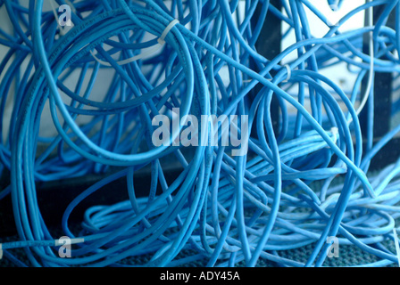 Computer Comm cables wires connections circuit board plugs grey plastic ...