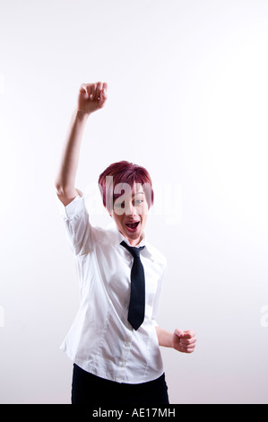 Image of a happy young business woman indoors in cafe using laptop ...