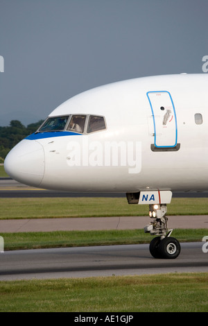 A close up Nose of the Boeing 757 with Pilots at the controls at ...