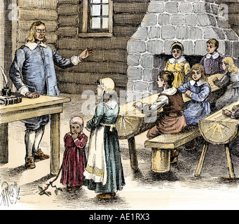 One-room school in colonial Pennsylvania 1700s. Hand-colored woodcut ...