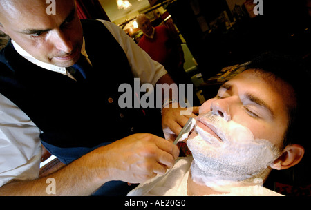 Traditional Wet Shave at Geo F Trumpers, Mayfair, London UK Stock Photo ...