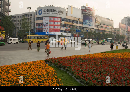 Town centre in Deyang a town in Sichuan a colourful bustling scene the ...