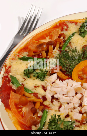 Cut out: Mushrooms, ham on wooden plate Stock Photo - Alamy