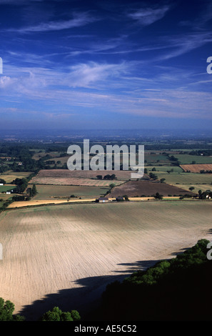 Aerial view of farmland and the Weald of Kent looking north from above ...