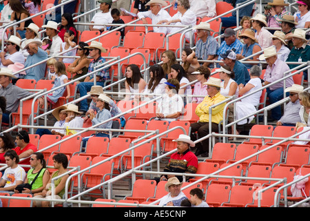 Rodeo crowd with cowboy hats sitting in the stadium bleacher seats at ...